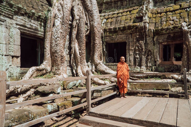 Monk in the Ta Prohm Temple Inside Angkor Wat Complex, Cambodia ...