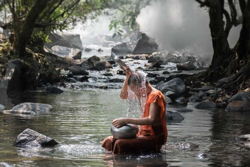 Monk take a bath stock image. Image of brook, play, concept - 79408917