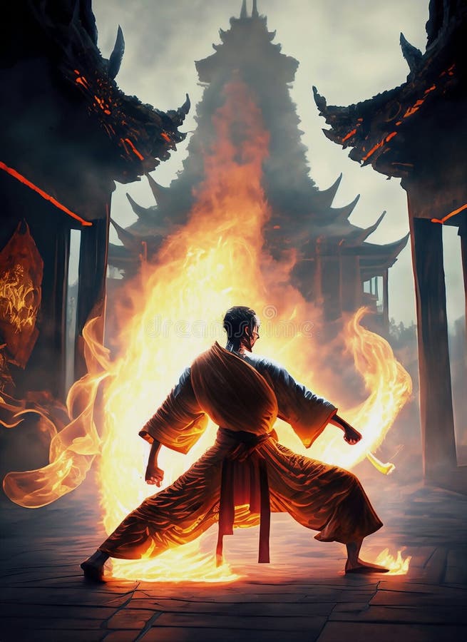Monk Training Martial Arts with Fire Element Stock Illustration ...