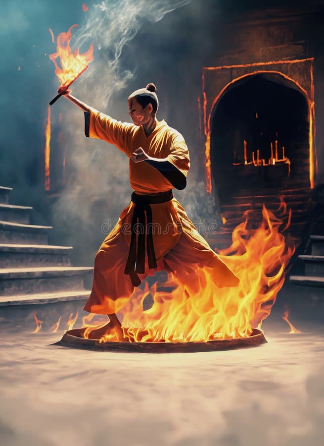 Monk Training Martial Arts with Fire Element Stock Illustration ...