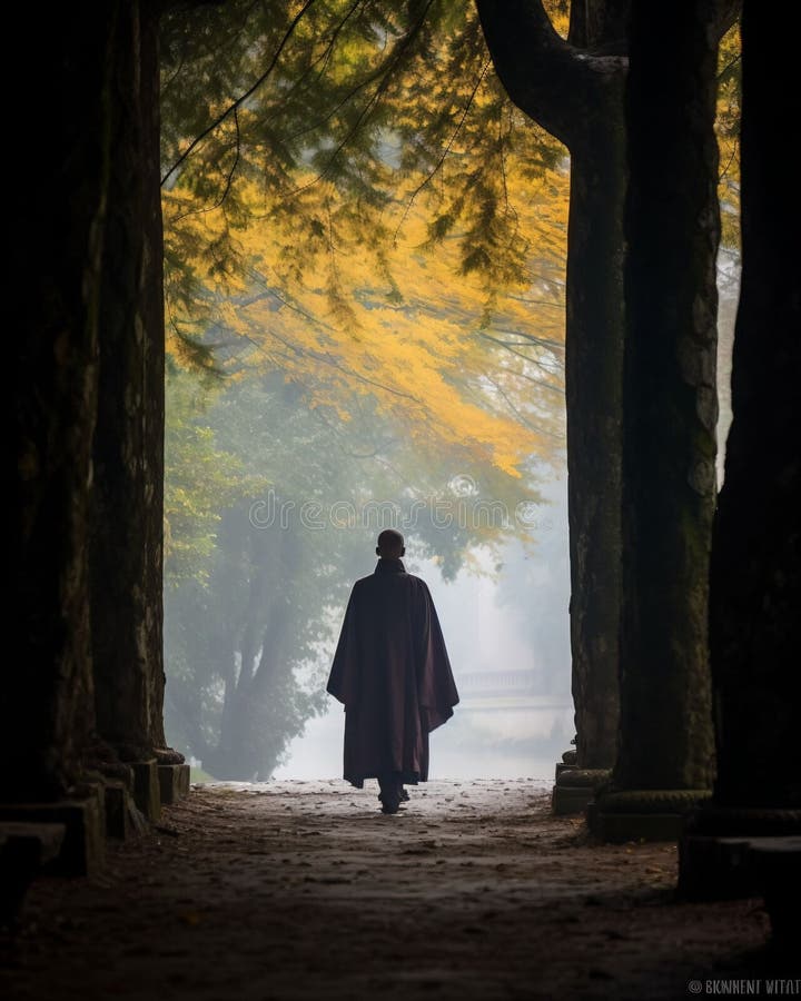 Monk Walking Along a Path Surrounded by Rows of Columns. Ai-generated ...