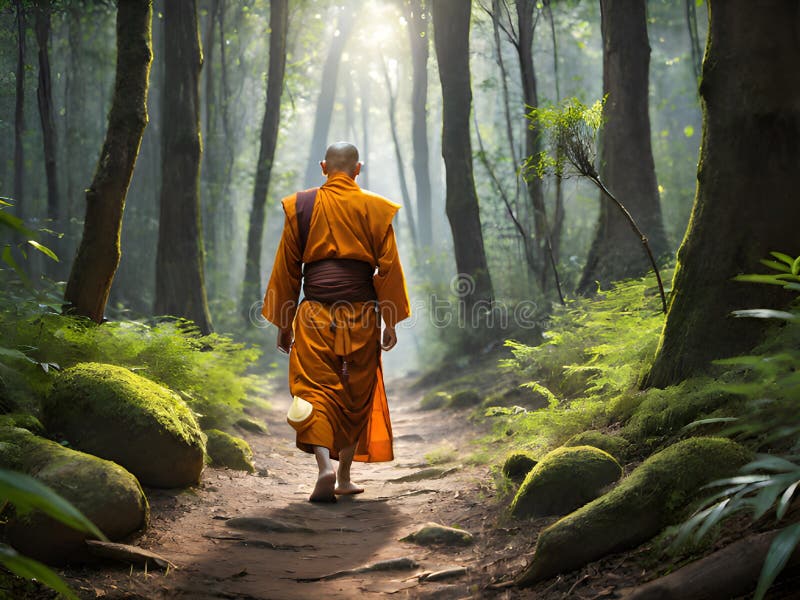 Monk walking in the forest stock illustration. Illustration of ...