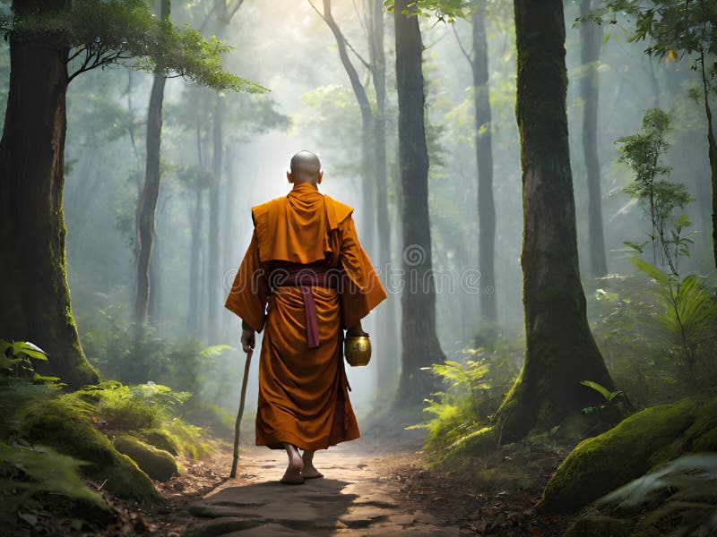 Monk walking in the forest stock illustration. Illustration of culture ...