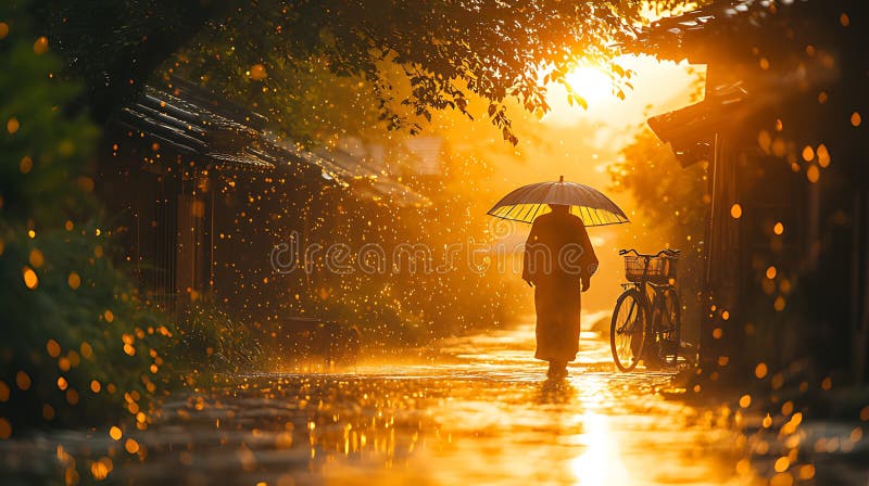 Monk Walking Sunset Rain Village Path Stock Illustration - Illustration ...