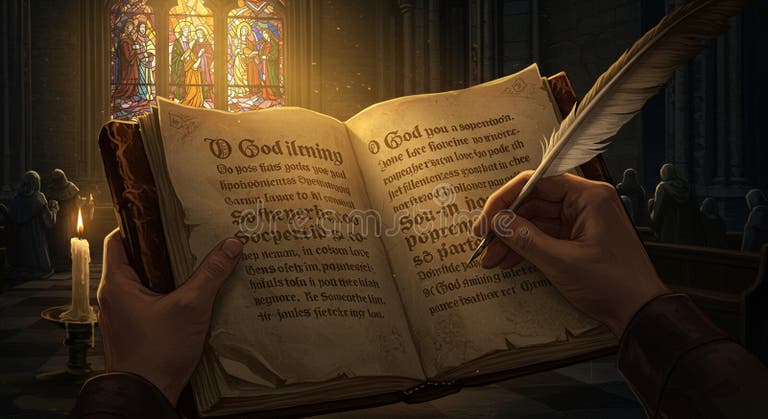 Monk Writing in Ancient Book with Quill in Monastery Stock Illustration ...