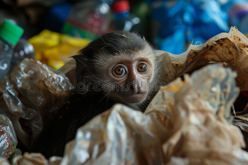 Monkey Amidst Plastic Waste Stock Photo - Image of biodiversity, reuse ...