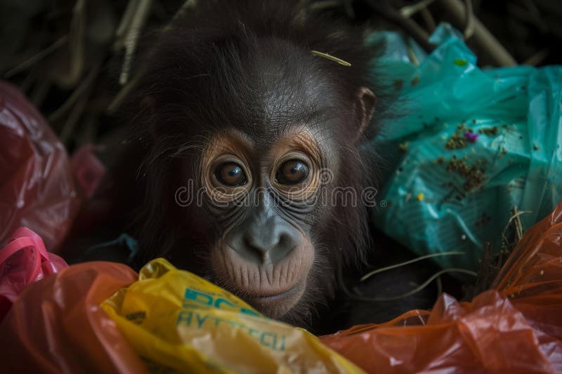 Monkey Amidst Plastic Waste Stock Image - Image of environment ...