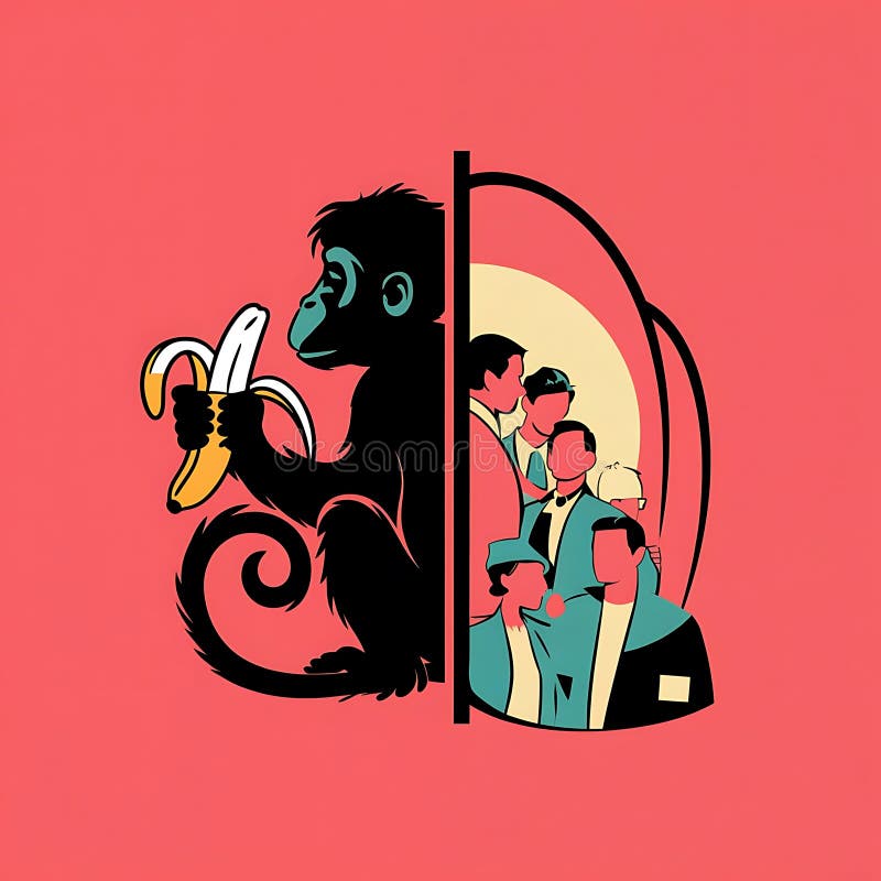 Monkey Art Drawing with Brain and Banana Colorful Line Art Illustration ...