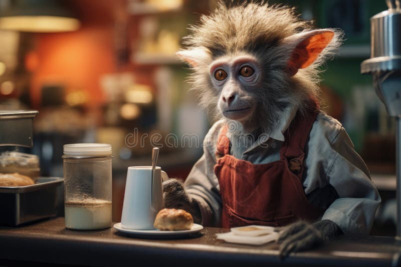 A Monkey As Barista Sitting at a Table with a Plate of Food. Stock ...