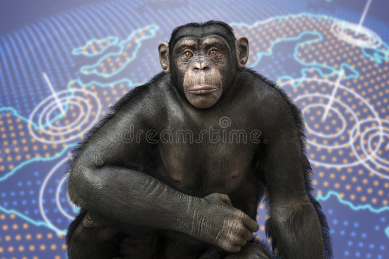 Monkey on a Background with Earth Map, Conceptual 3D Illustration Stock ...