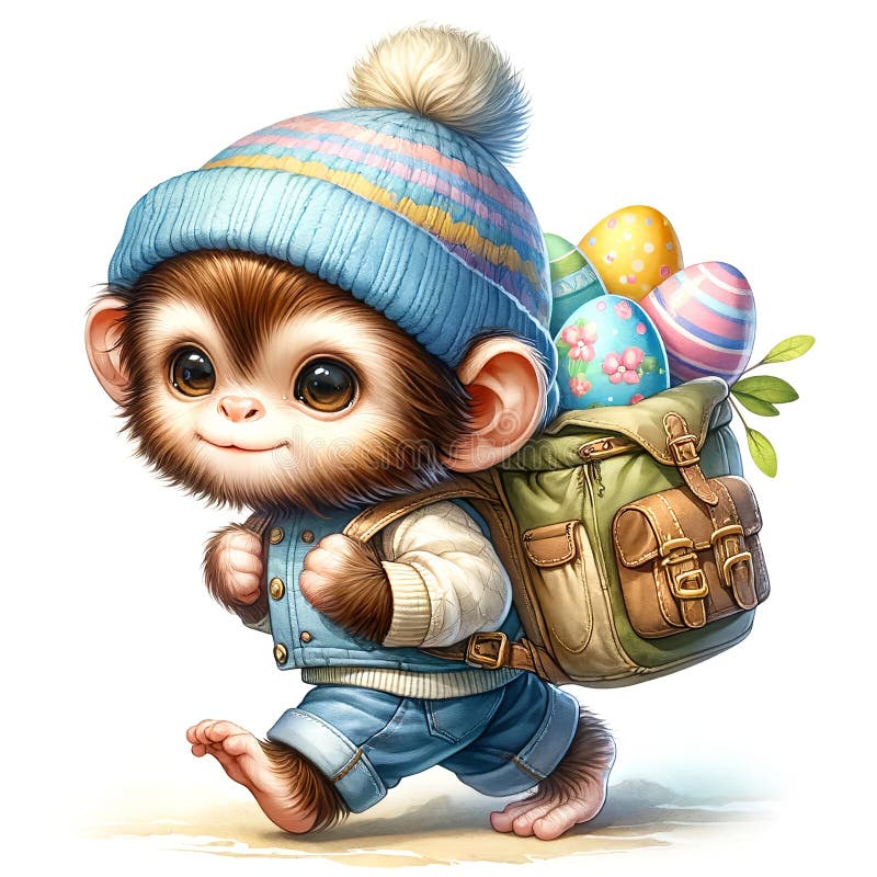 Monkey with a Backpack and Easter Eggs. Watercolor Illustrations on a ...