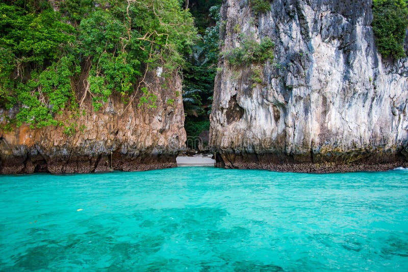 Monkey Bay Showing Turquoise Water and Cliffs in Phi Phi Don Island ...