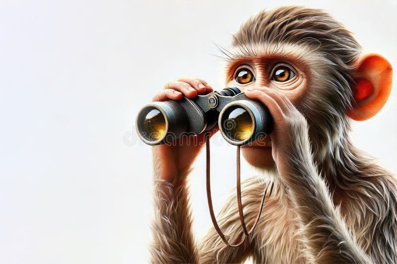 Monkey with Binoculars, Watching into the Distance. Space for Text ...