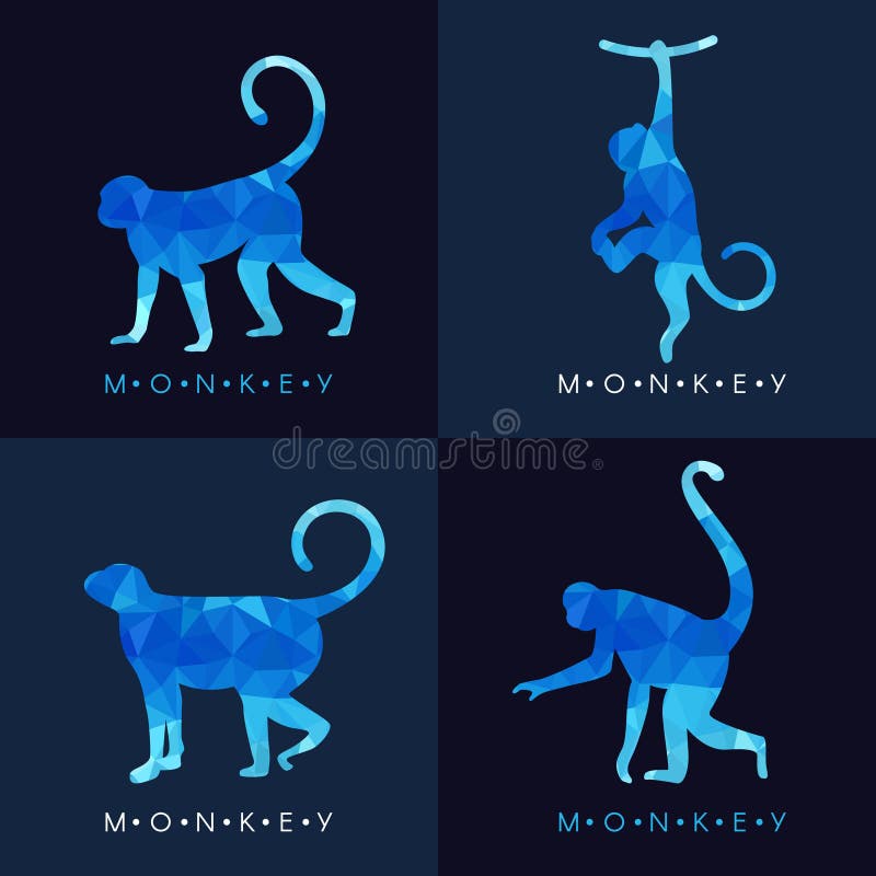 Monkey - Blue Low Poly Vector Set Design Stock Vector - Illustration of ...