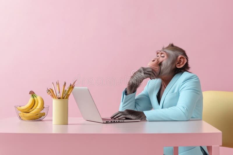 A Monkey in a Blue Suit Sitting at a Desk with a Laptop and Bananas ...