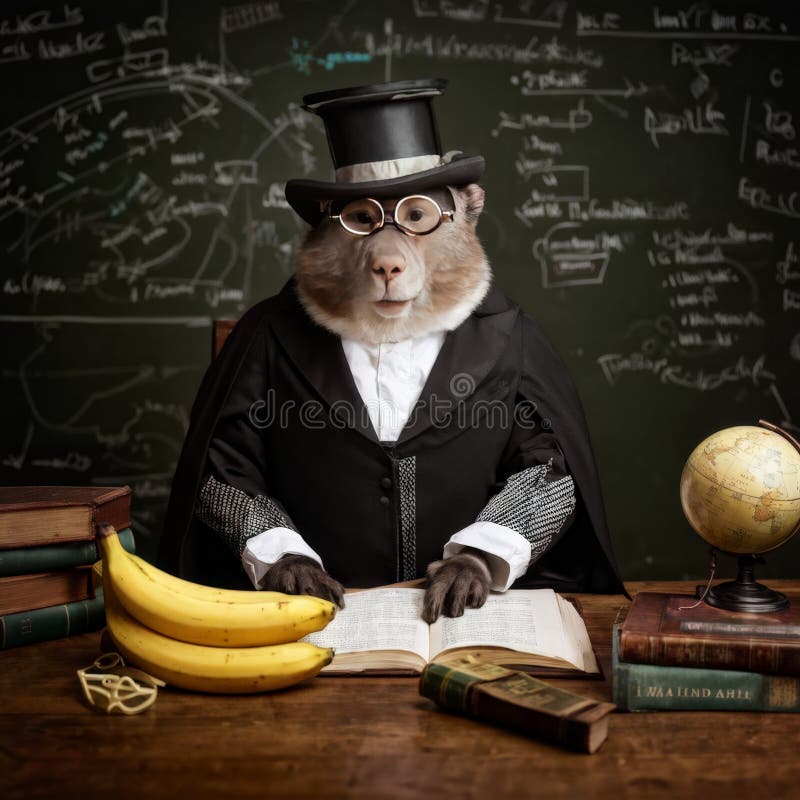 Monkey with Books and Magnifying Glass in the Studio. Stock ...