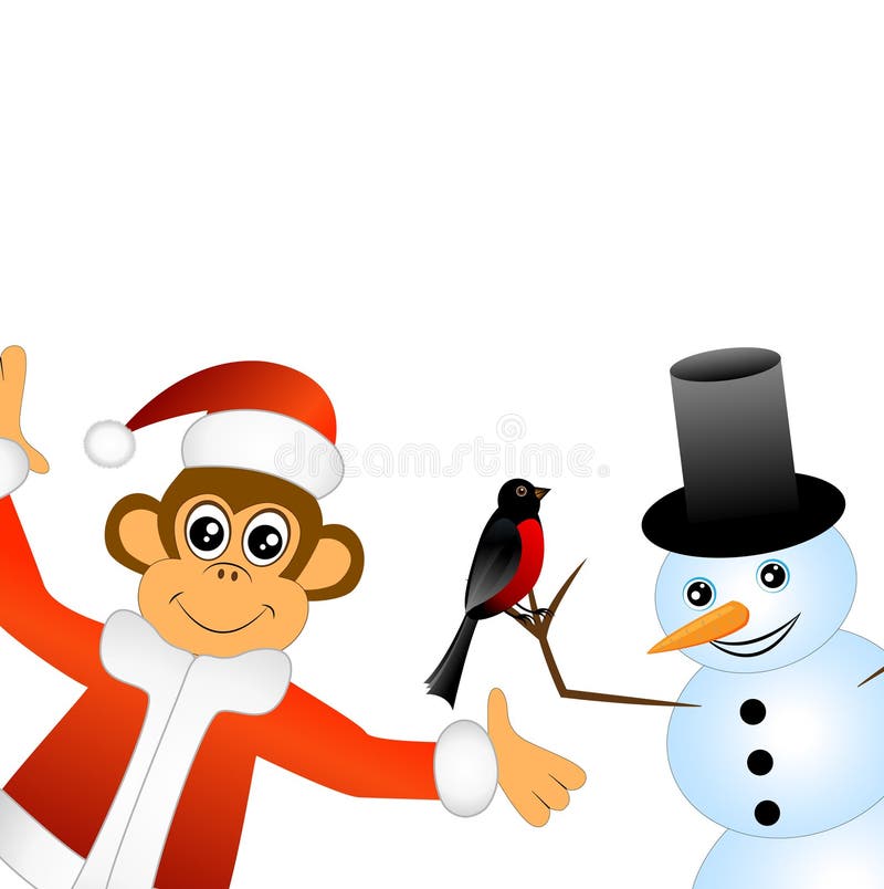 Monkey with Bullfinches and Snowman Stock Illustration - Illustration ...