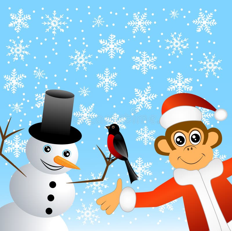 Monkey with Bullfinches and Snowman Stock Vector - Illustration of ...