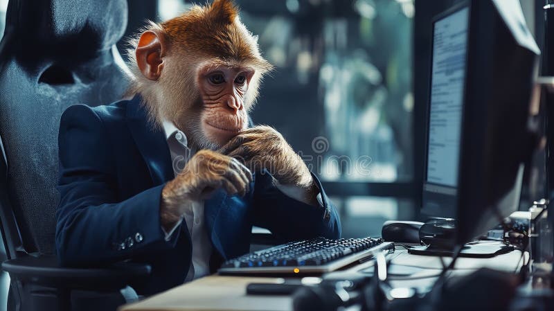 Monkey Businessman in Office, Thinking. Business Concept. Serious ...