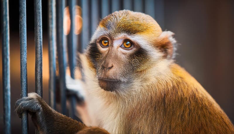 Monkey in a Cage Observing from Behind Bars a Melancholic Primates ...