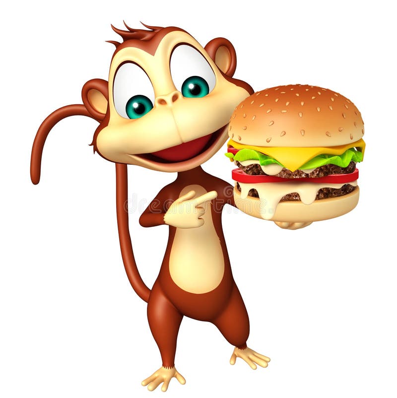 Monkey Cartoon Character with Burger Stock Illustration - Illustration ...