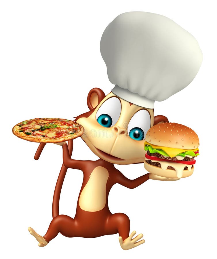 Monkey Cartoon Character with Pizza and Burger,chef Hat Stock ...