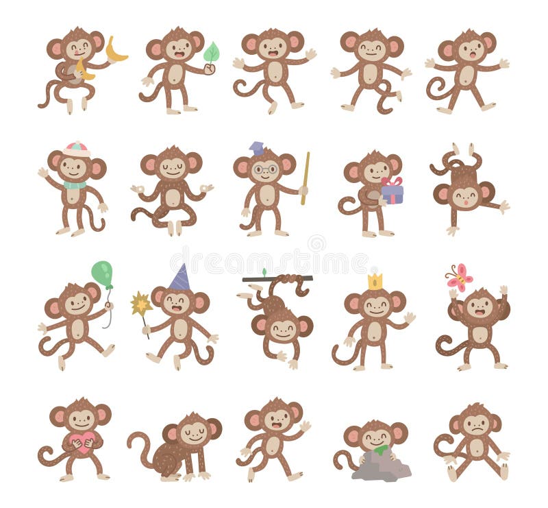 Monkey Character Set in Scandinavian Style Stock Vector - Illustration ...