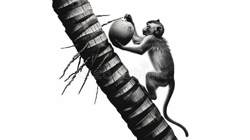 Monkey Climbing a Coconut Tree with a White Background Stock ...