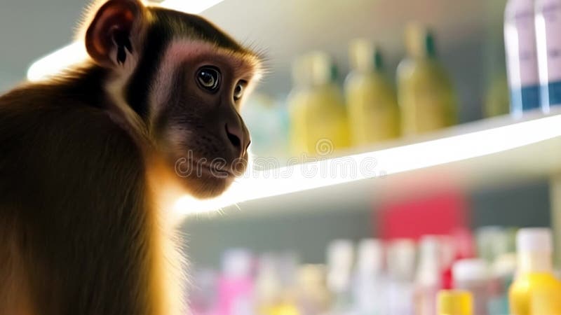 Monkey Close Up in a Store with Blurred Shelves of Bottles a Dramatic ...