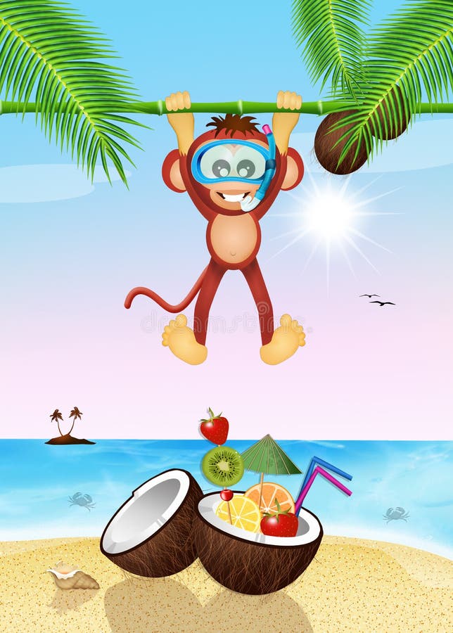 Monkey with coconut fruits stock illustration. Illustration of coconut ...