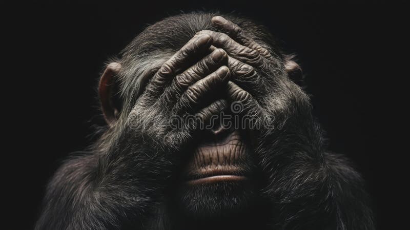 Monkey Covering Face with Hands, Expressive Emotion, Dark Background ...