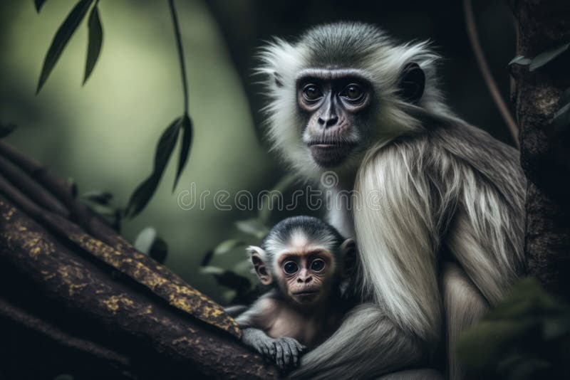 Monkey with Cub in Natural Habitat. Generative AI Stock Illustration ...