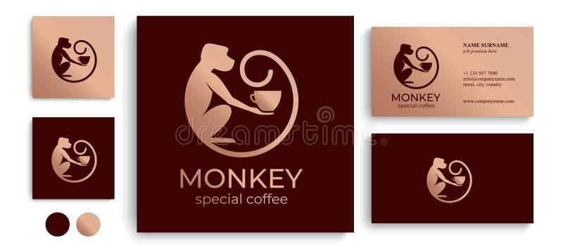 Monkey with a Cup of Coffee or Tea. Logo or Badge for Coffee Shops and ...