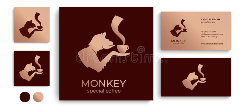 Monkey with a Cup of Coffee or Tea. Logo or Badge for Coffee Shops and ...