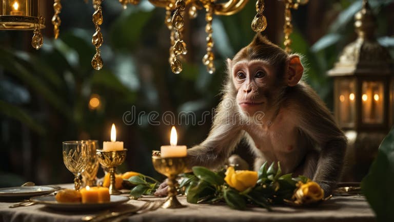 Adorable Baby Monkey at a Romantic Candlelit Dinner Stock Illustration ...