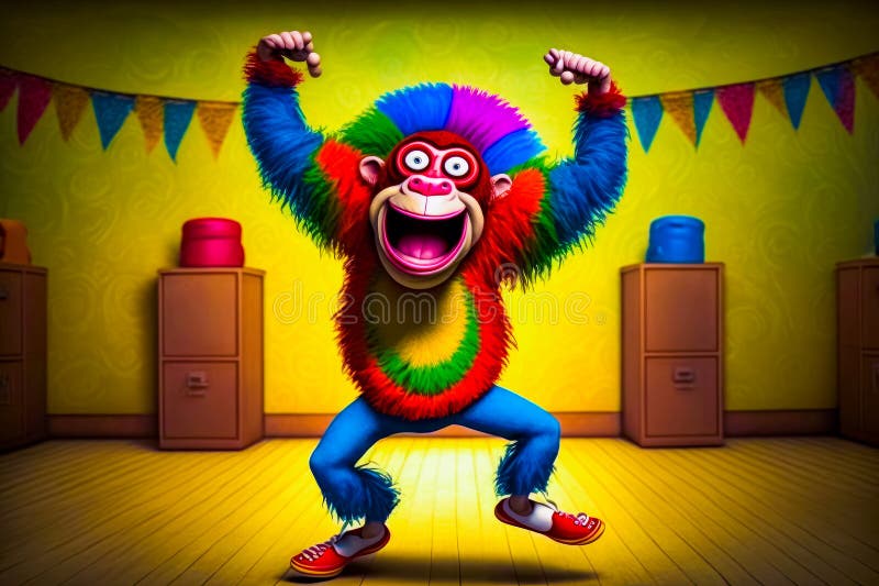 Monkey is Dancing in Room with Yellow Wall and Colorful Decorations ...