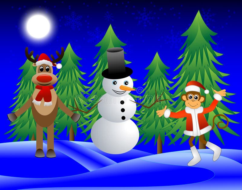 Monkey, Deer and a Snowman on the Edge of the Forest Stock Vector ...
