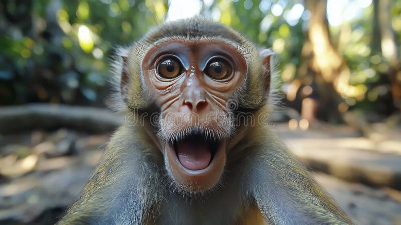 Monkey Displays Excitement while Surrounded by Lush Forest at Midday ...