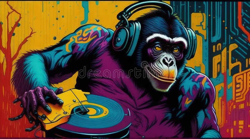 Monkey DJ Listening To Vinyl Stock Illustration - Illustration of ...