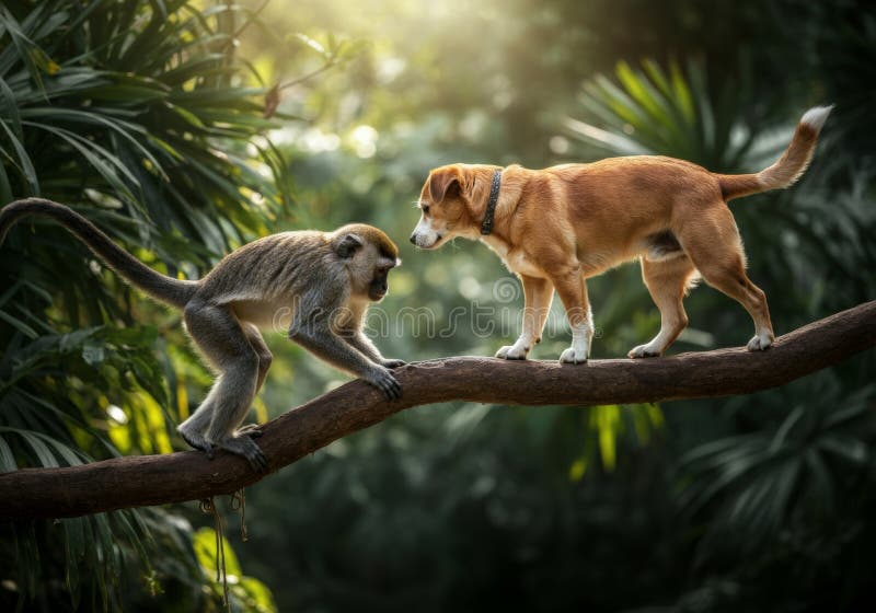 Monkey and Dog Face Off on Tree Branch in Lush Tropical Forest Stock ...