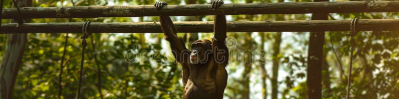 A Monkey Doing Pullups Showing Strength on a Jungle Gym Bar in a Forest ...