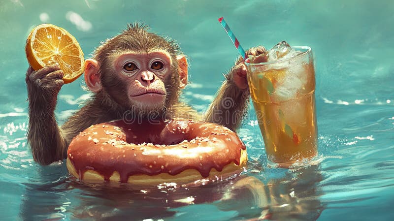Monkey in Donut Float, Iced Tea, Jungle Vibe . Stock Image - Image of ...