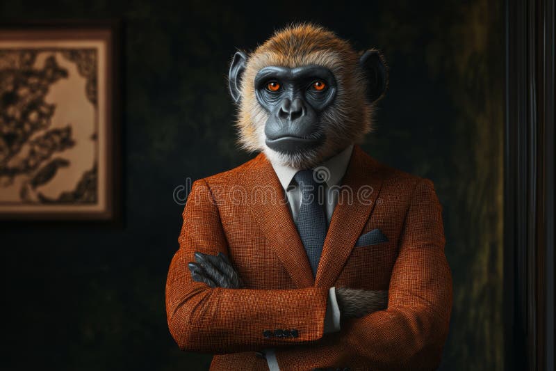 A Monkey Dressed in a Sharp, Formal Suit Stands with Arms Crossed in a ...