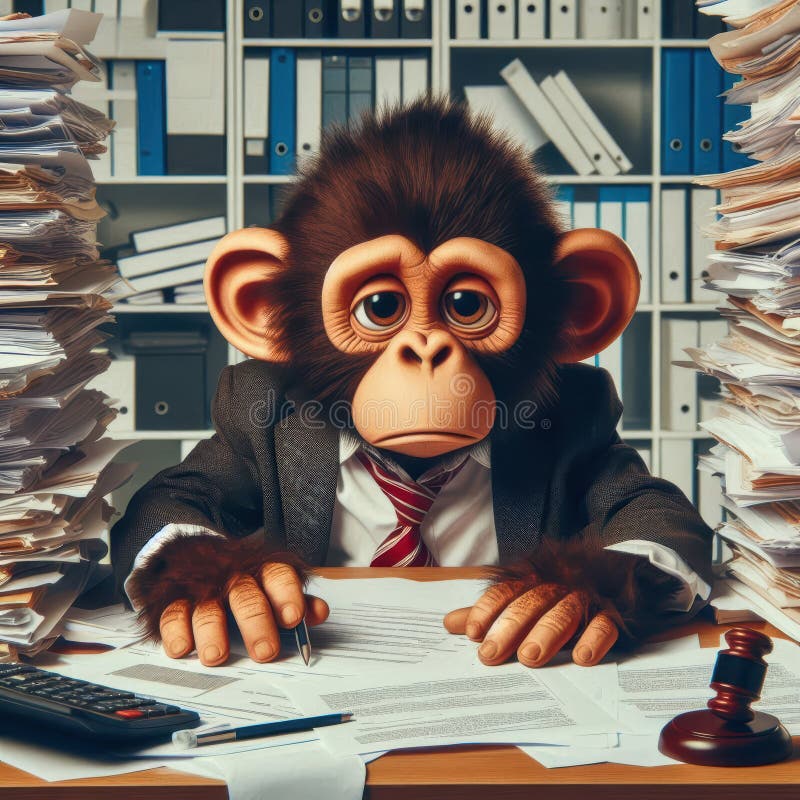 Monkey Dressed in Suit Sits at Desk Surrounded by Paperwork in Busy ...