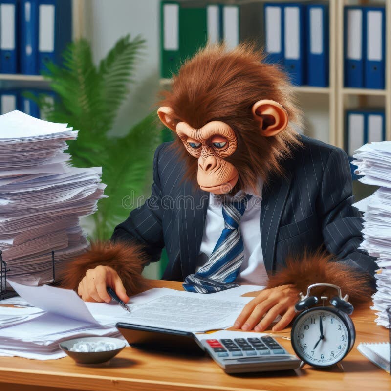 Monkey Dressed in a Suit Working on Paperwork at an Office Desk ...