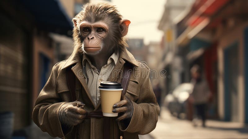 A Monkey Dressed in a Trench Coat Holding a Cup of Coffee Stock ...