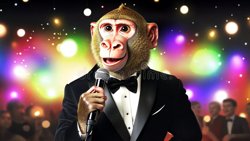 A Monkey Dressed in a Tuxedo Holds a Microphone in Front of a Blurry ...