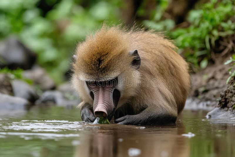 Monkey Drinking from Stream Stock Photo - Image of monkey, stream ...