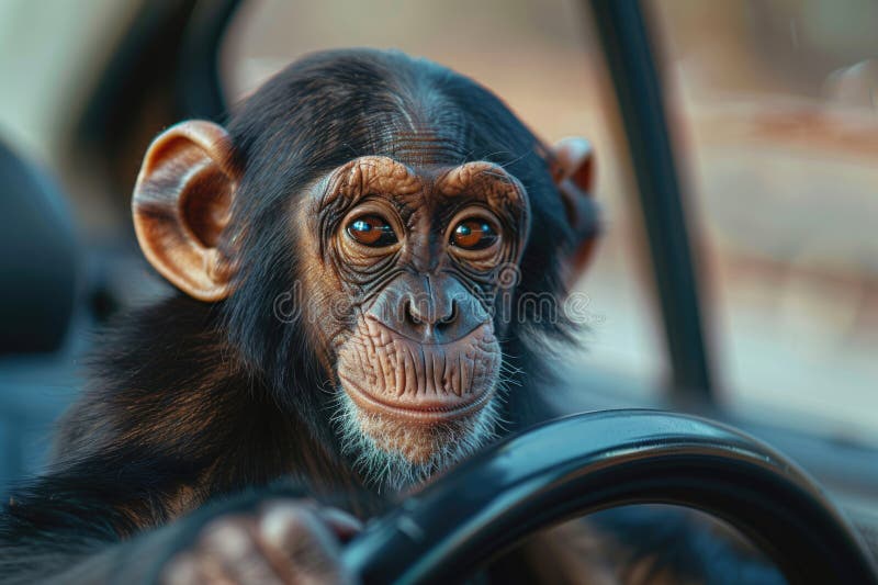Monkey Driver Driving a Car Stock Photo - Image of emotion, smile ...