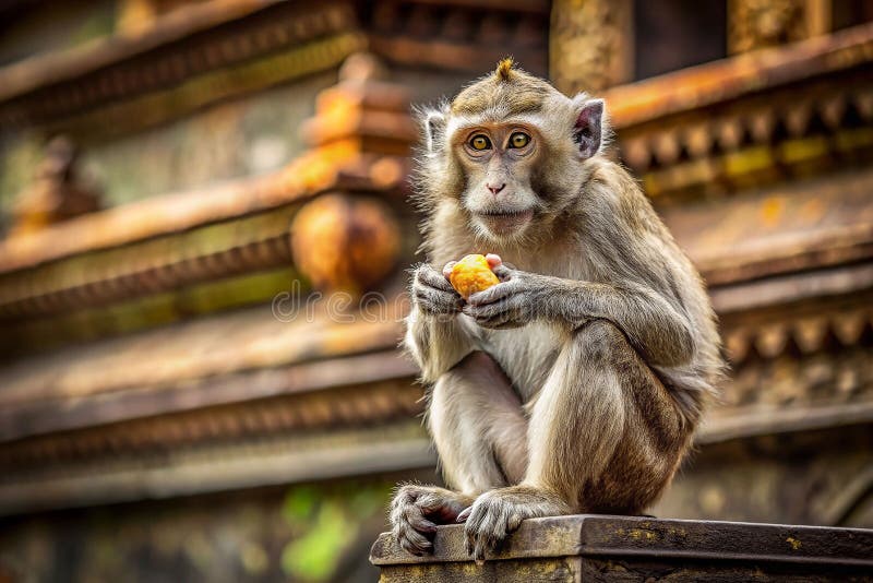 Monkey Eating Fruit in Ancient Temple Stock Illustration - Illustration ...